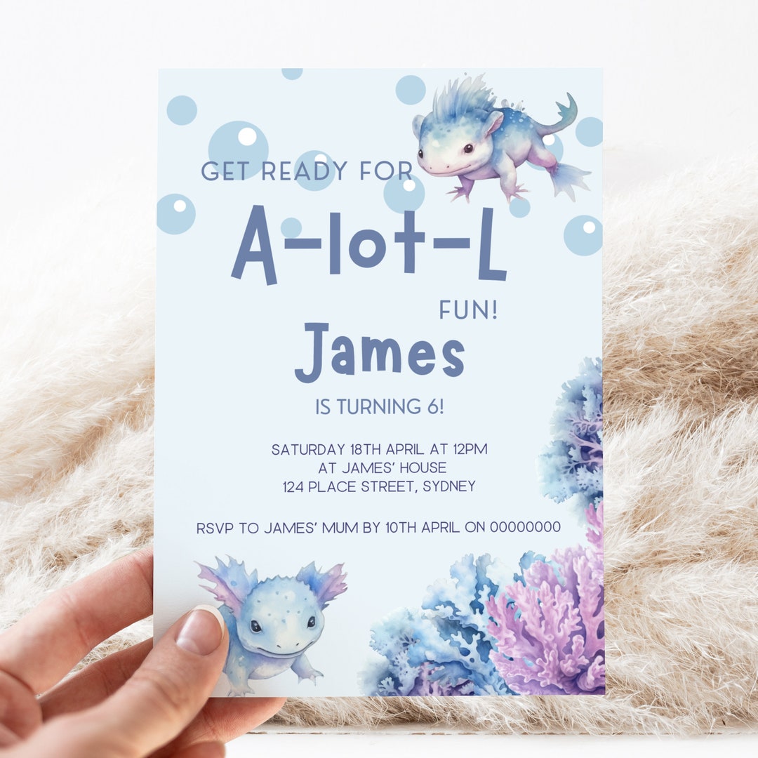 Invitación de cumpleaños de Axolotl, invitación bajo el mar, plantilla ...