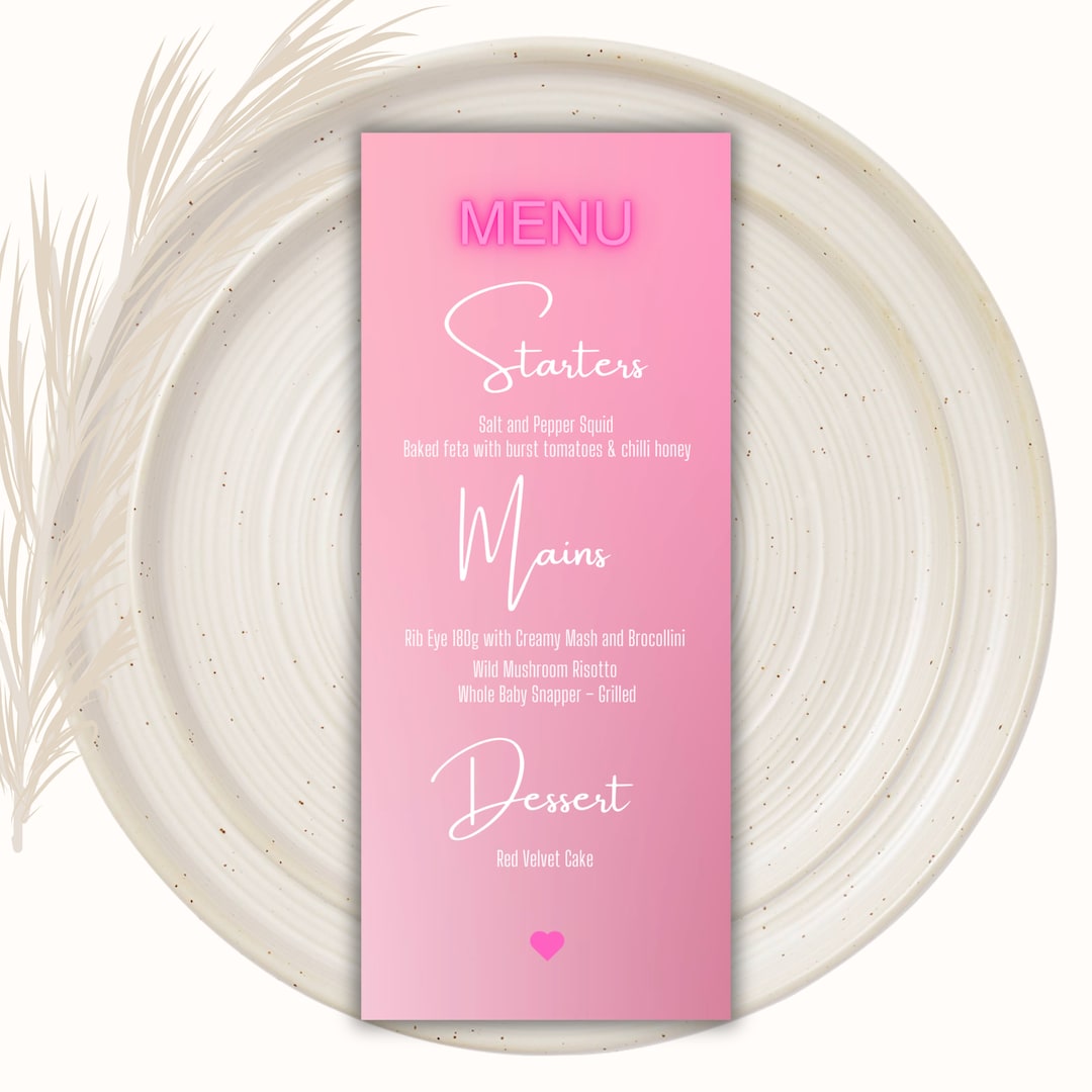 Pink Hens Menu Card Bachelorette Menu Card Neon Menu Card - Etsy
