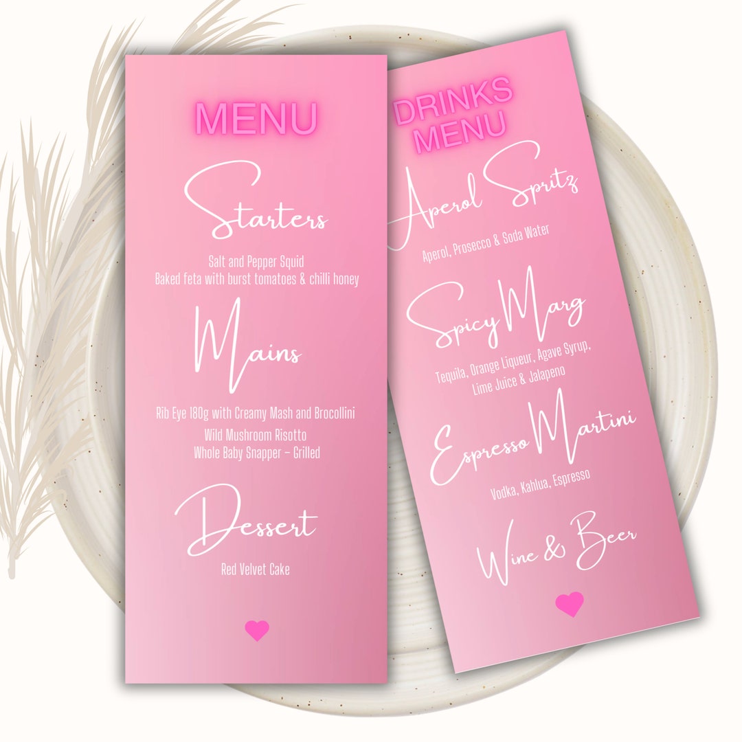 Pink Hens Menu and Drink Cards Bachelorette Menu Card Neon - Etsy