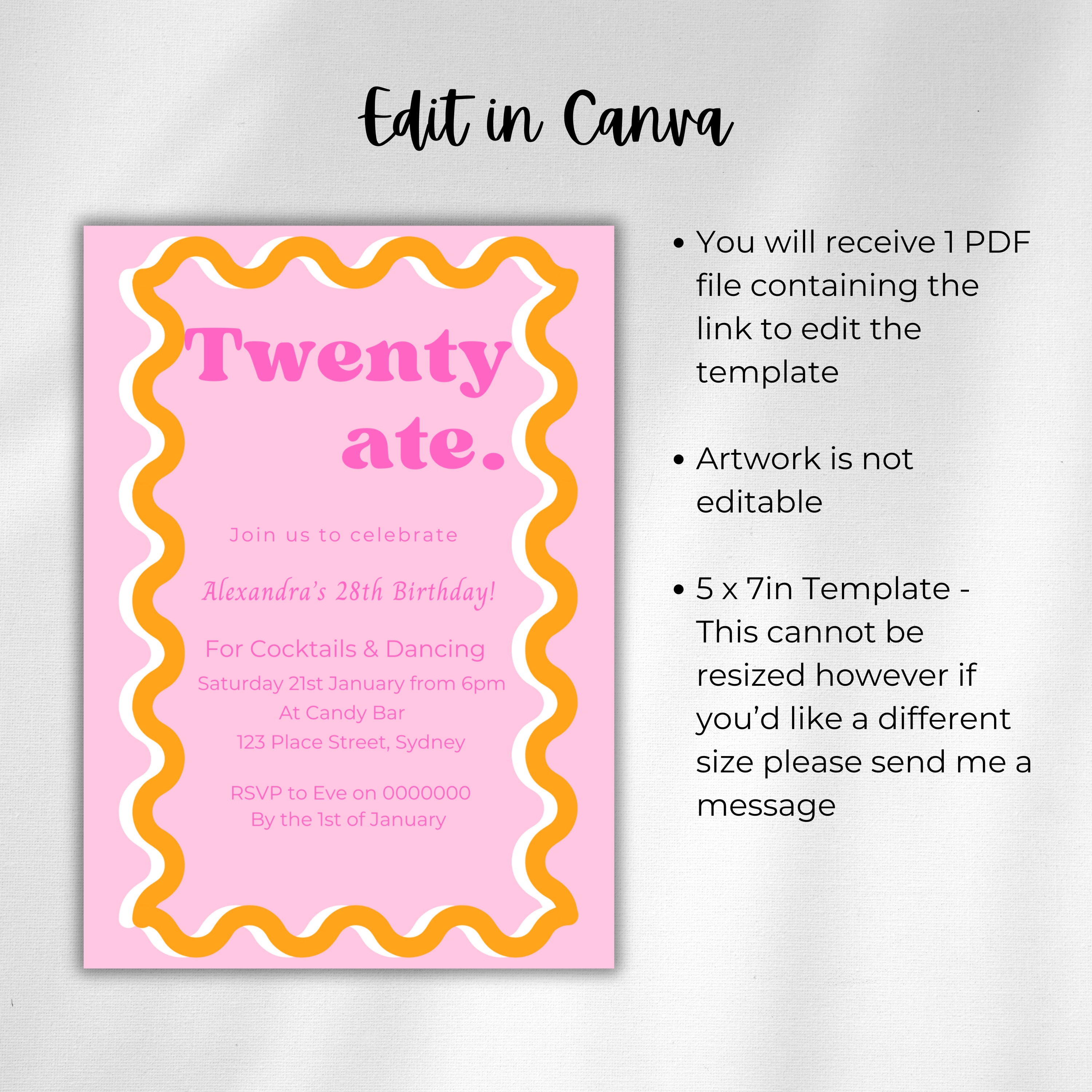 Twenty Ate, 28th Birthday Invitation, Pink and Orange Invite, Editable ...