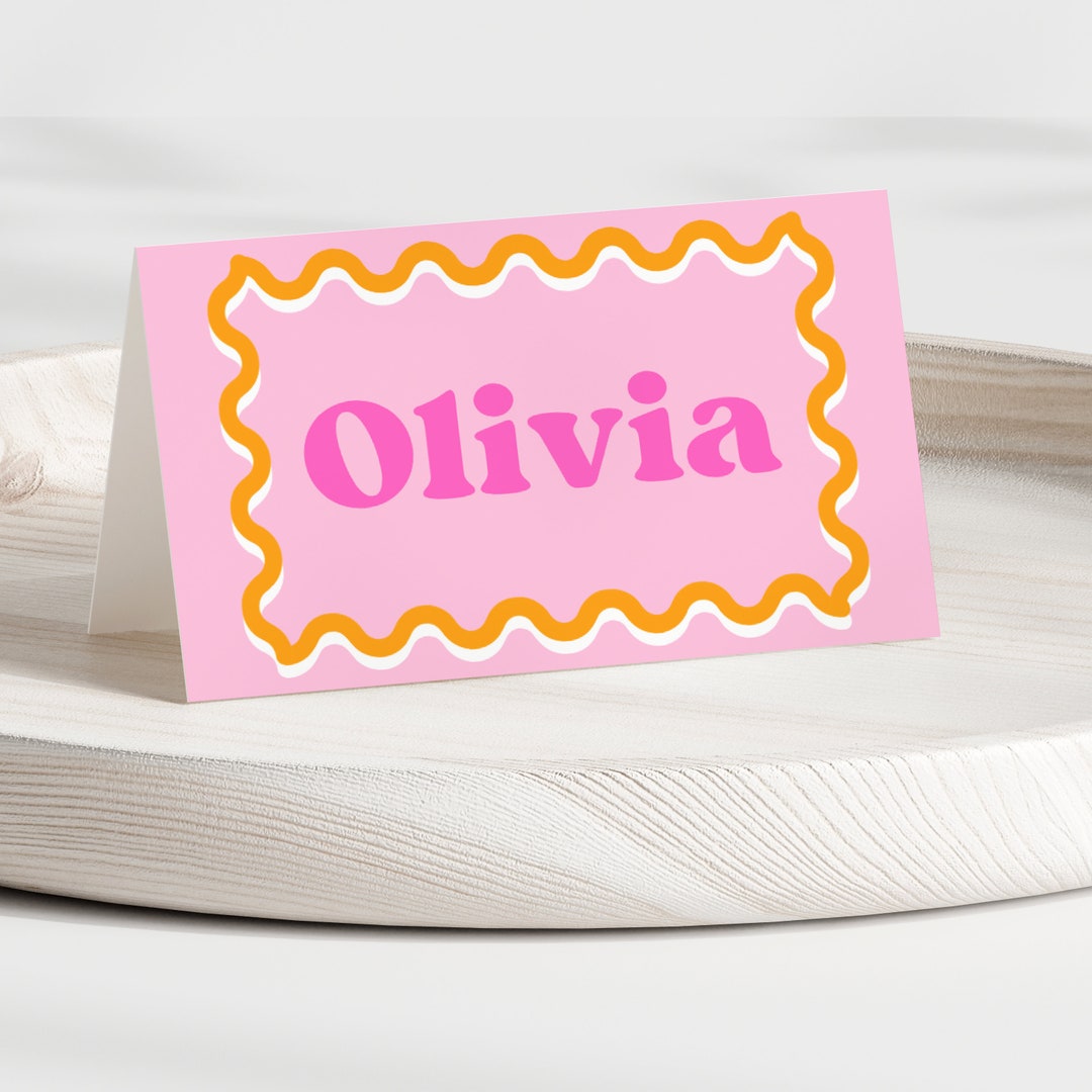 Pink and Orange Wavy Place Card, Birthday Place Card, Editable Place ...