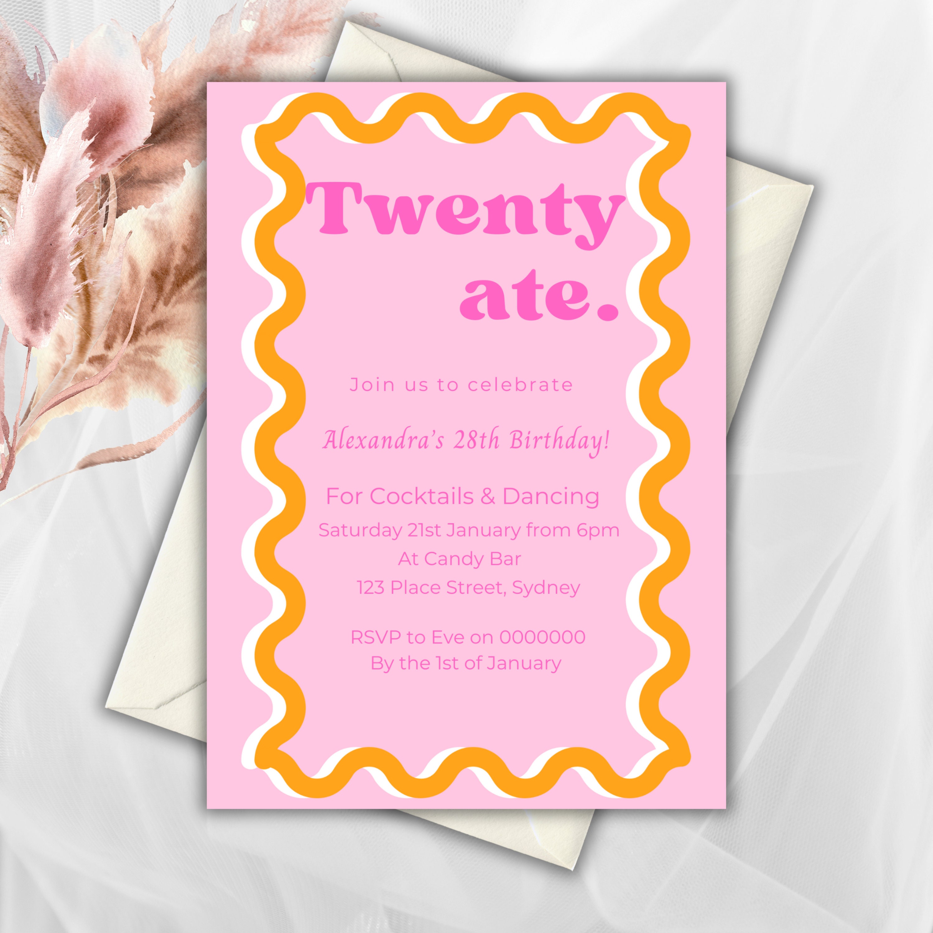 Twenty Ate, 28th Birthday Invitation, Pink and Orange Invite, Editable ...