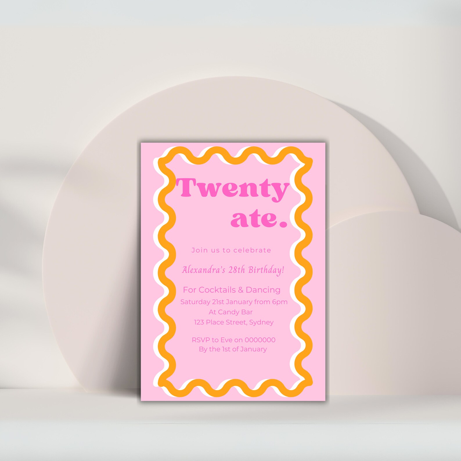 Twenty Ate, 28th Birthday Invitation, Pink and Orange Invite, Editable ...