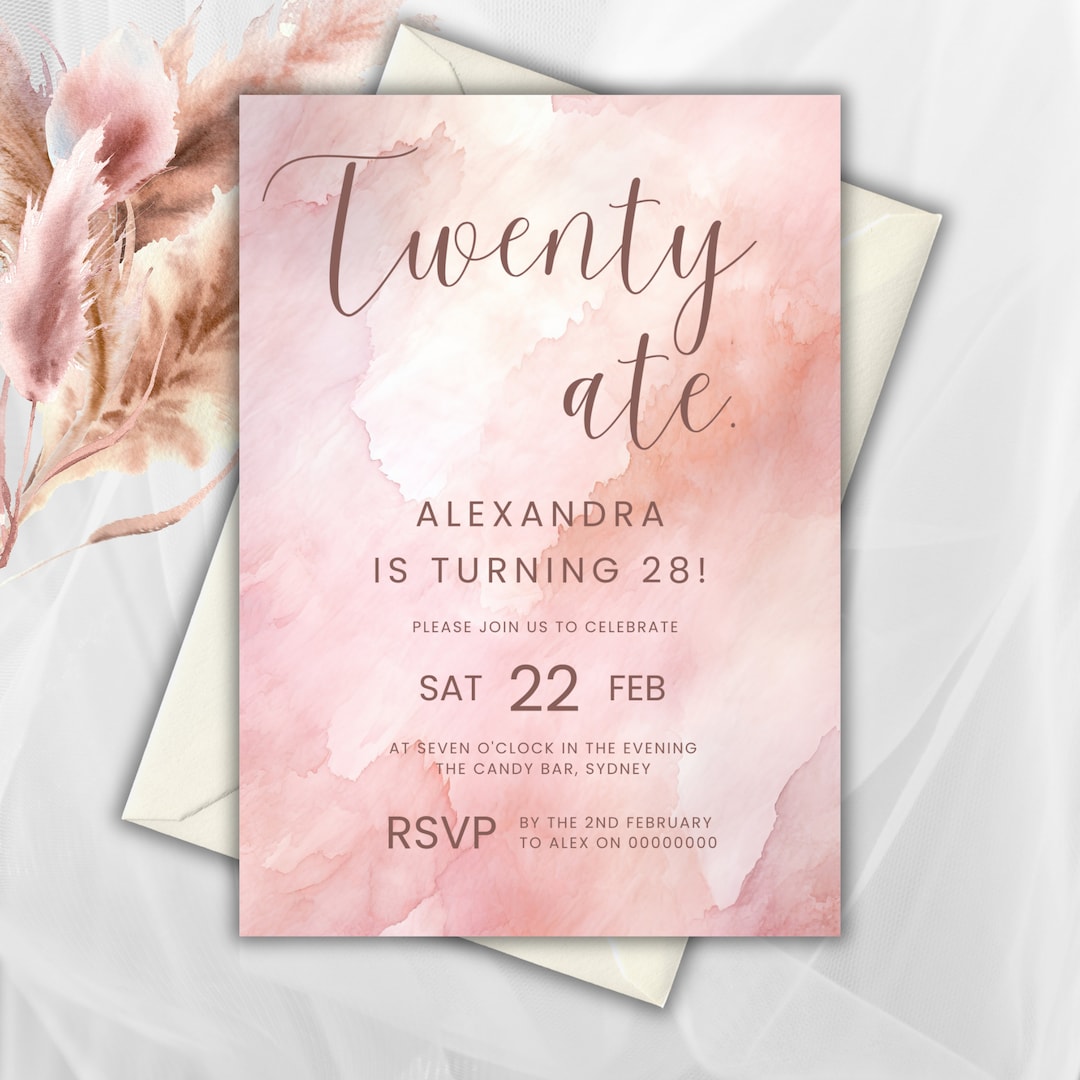 Twenty Ate, 28th Birthday Invitation, Pink Clouds Invite, Editable ...