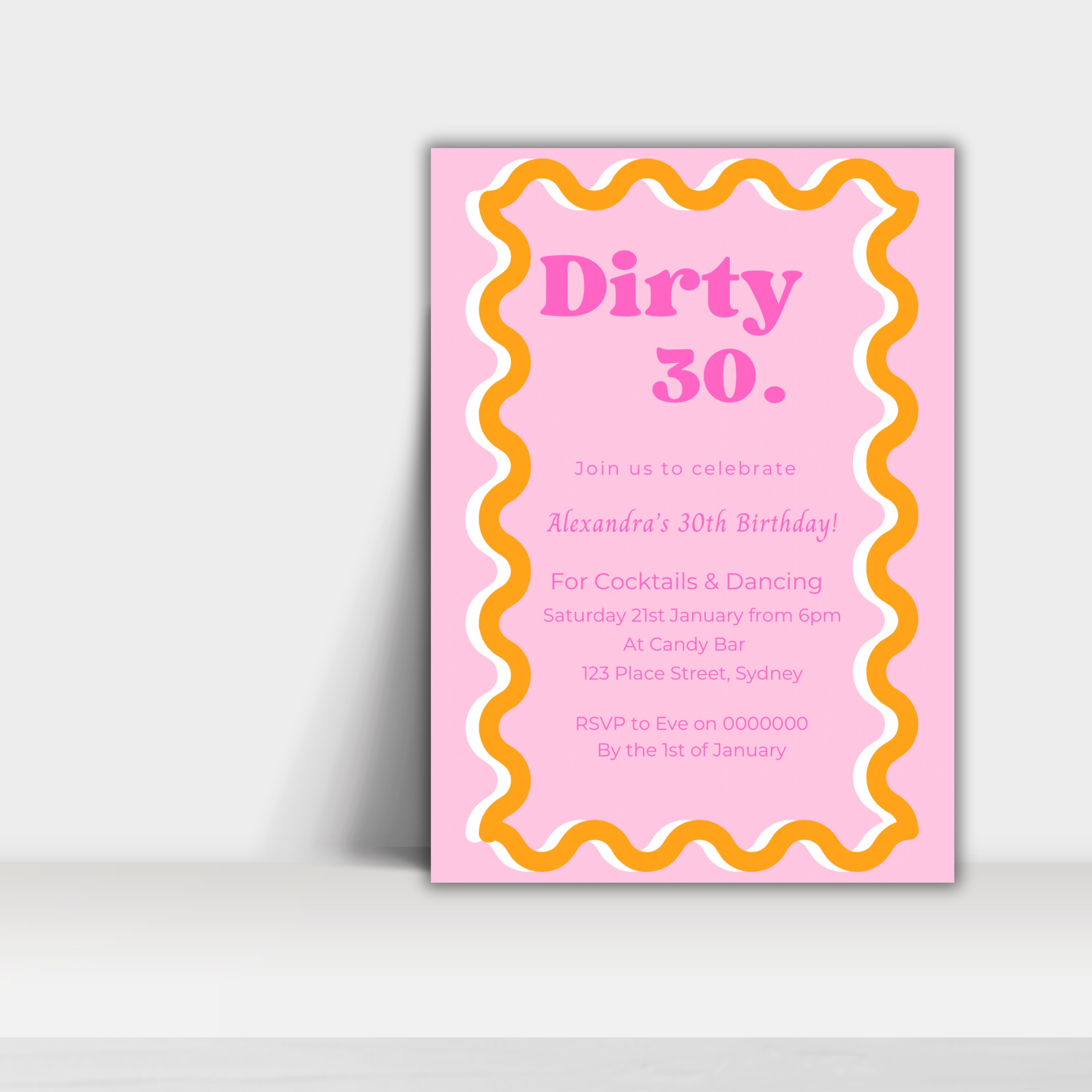 Dirty 30 Birthday Invitation, Pink and Orange Invite, Editable Invite ...