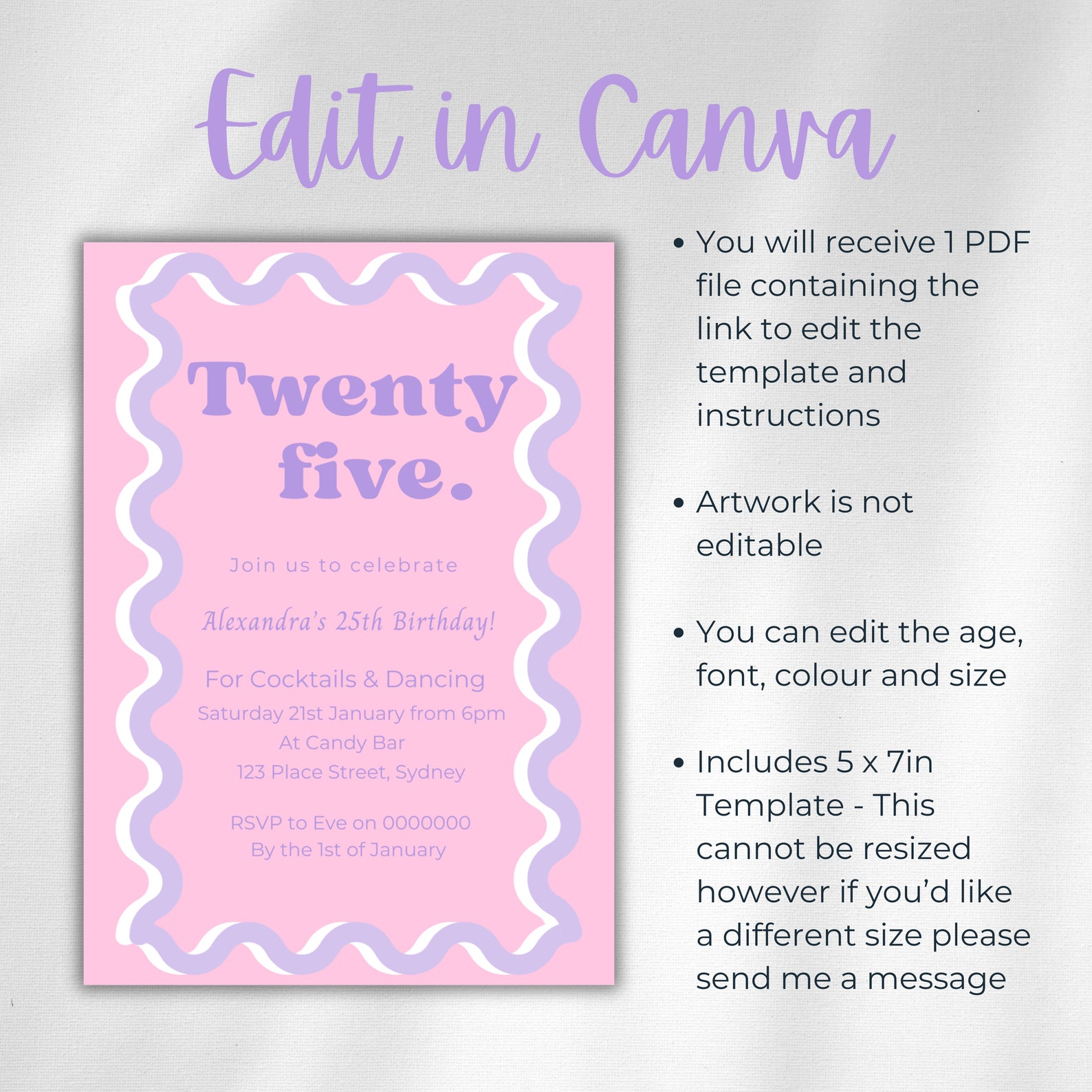 25th Birthday Invitation, Pink and Purple Invite, Editable Invite ...
