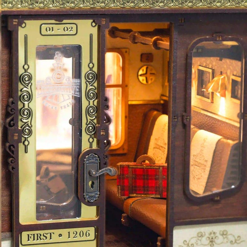 Illuminated 1940s Train Cabin Miniature Kit, DIY 3D Wooden Puzzle Book ...