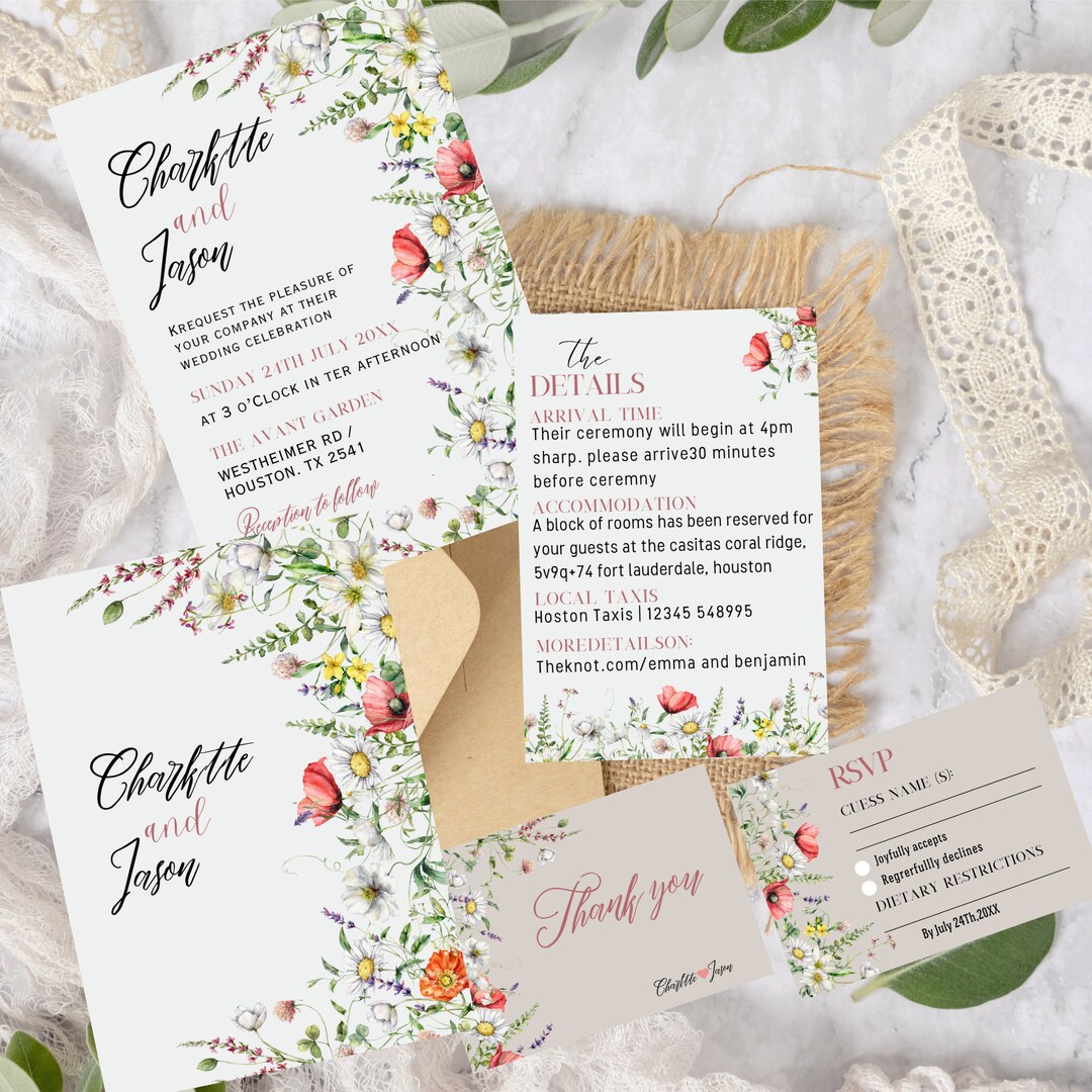 Wildflower Wedding Invitation Template, Boho Wedding Invitation ...