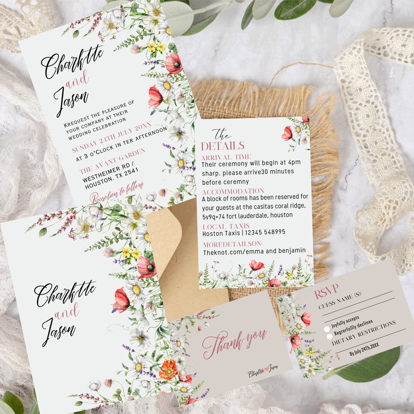 Wildflower Wedding Invitation Template, Boho Wedding Invitation ...