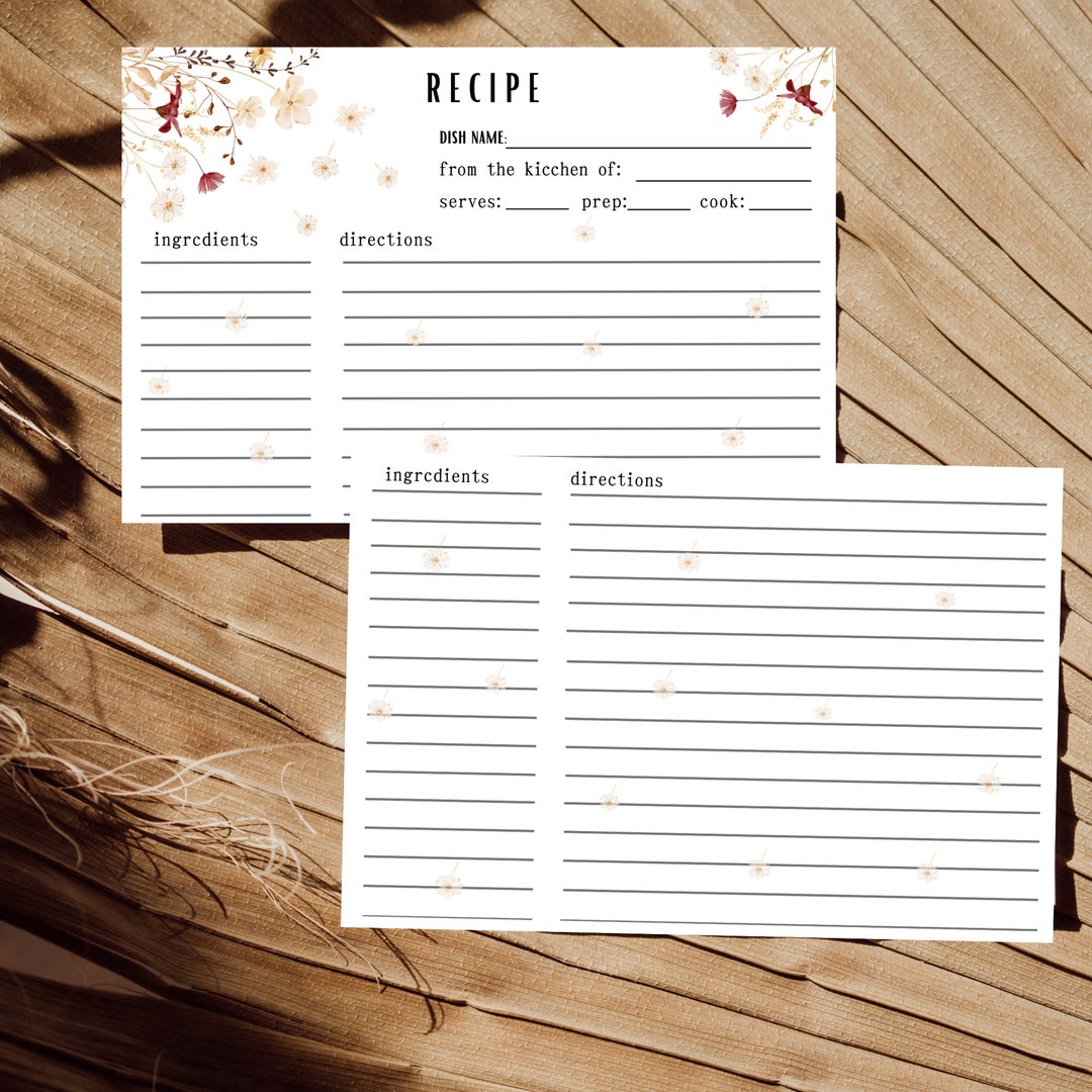 Dainty Delicate Floral Recipe Card Template Wildflower Bridal Shower ...