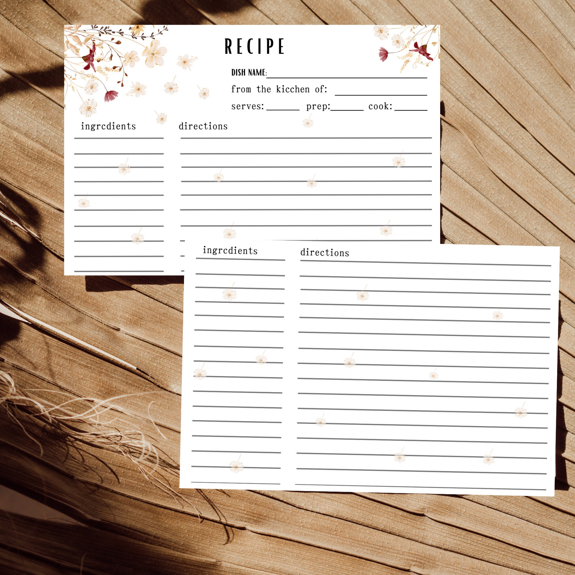 Dainty Delicate Floral Recipe Card Template Wildflower Bridal Shower ...