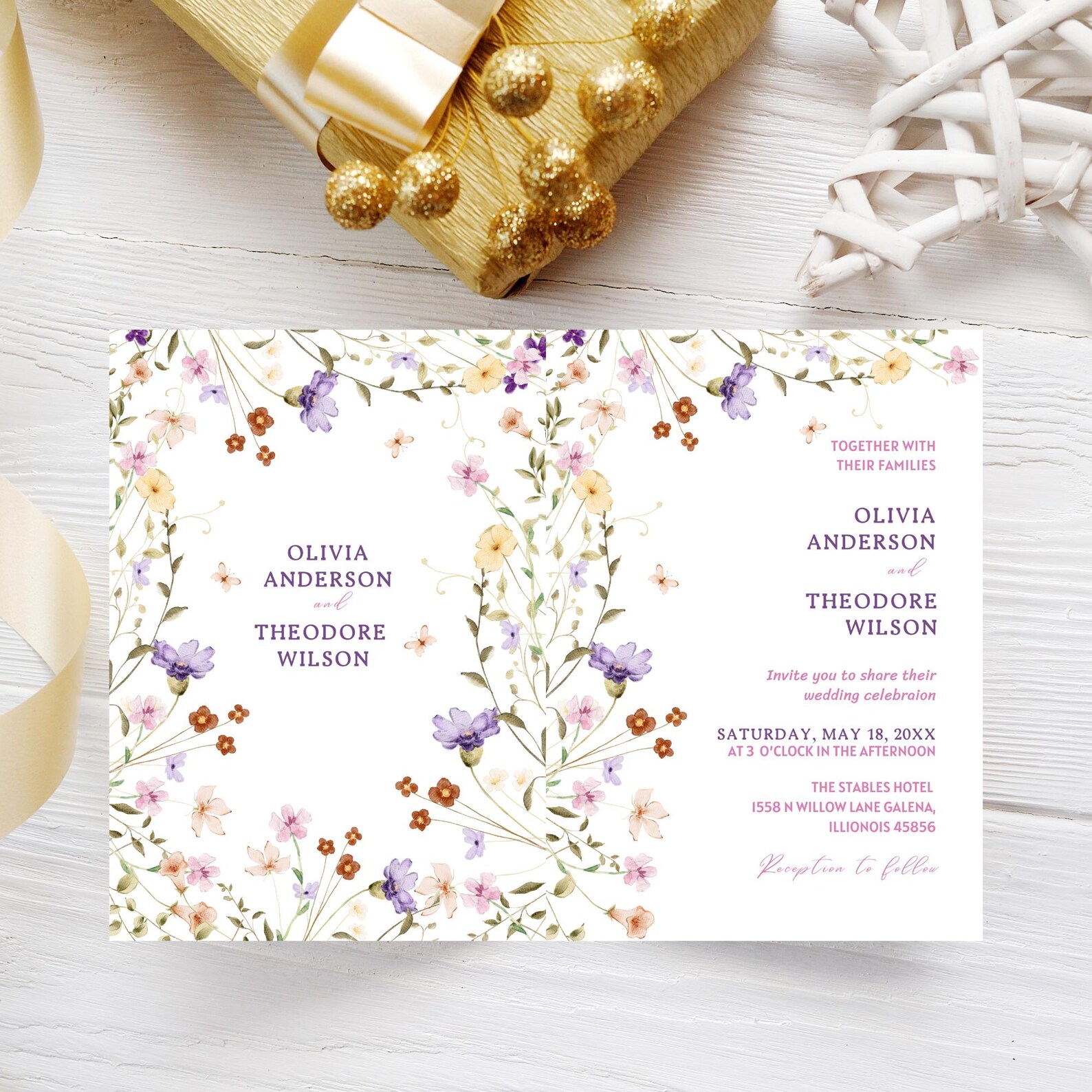 Wildflower Wedding Invitation Template, Boho Rustic Garden, Editable ...
