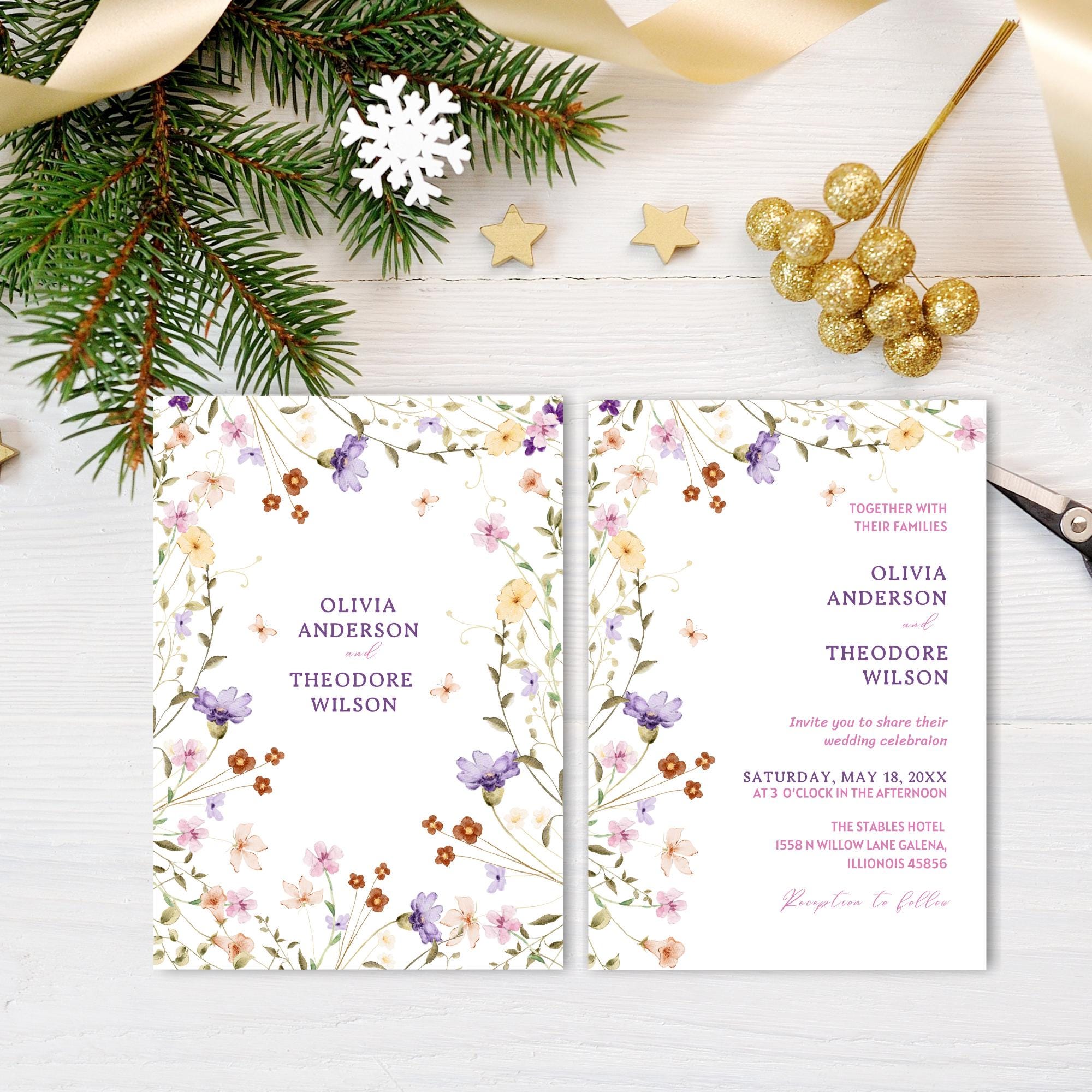 Wildflower Wedding Invitation Template, Boho Rustic Garden, Editable ...