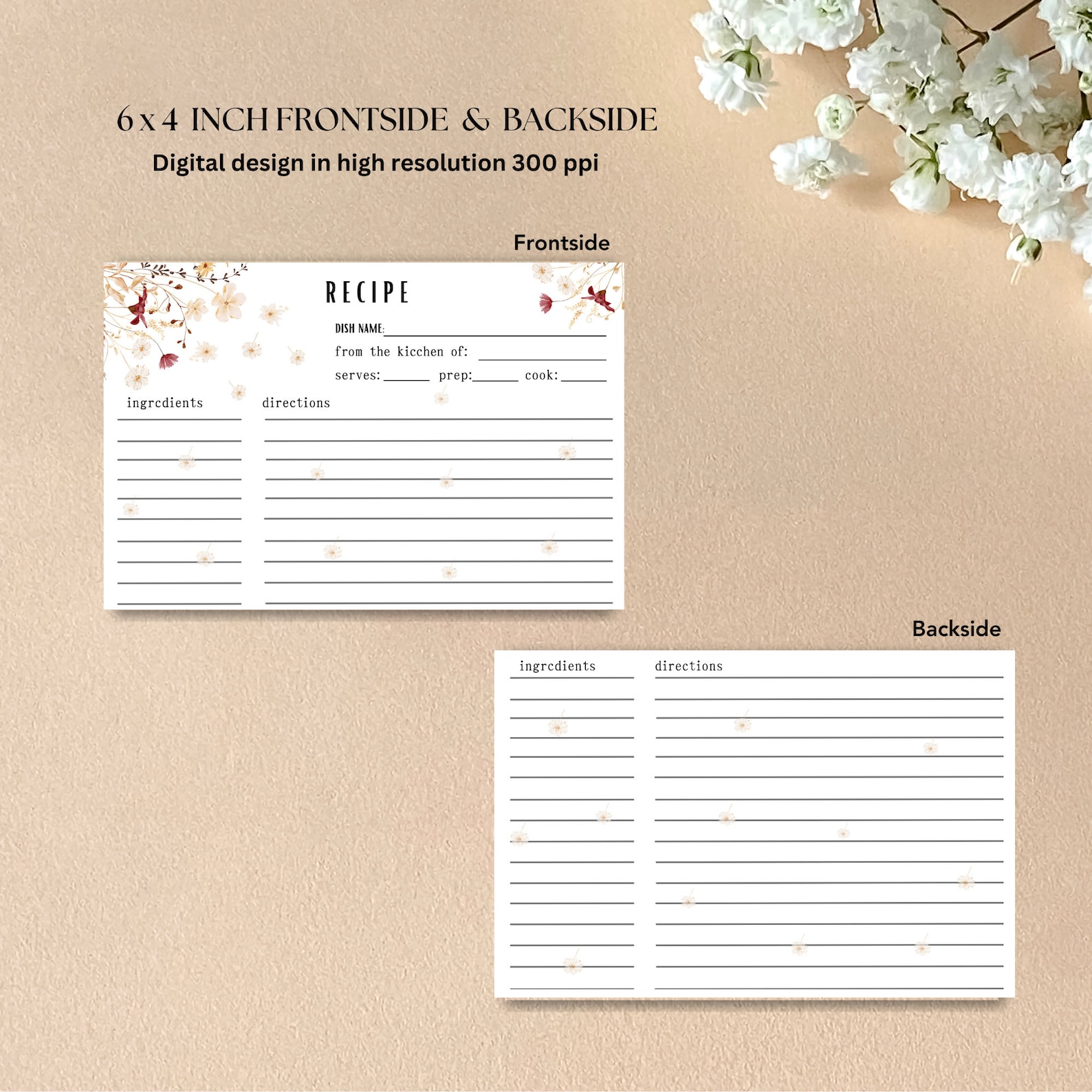 Dainty Delicate Floral Recipe Card Template Wildflower Bridal Shower ...