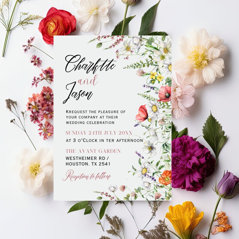 Wildflower Wedding Invitation Template, Boho Wedding Invitation ...