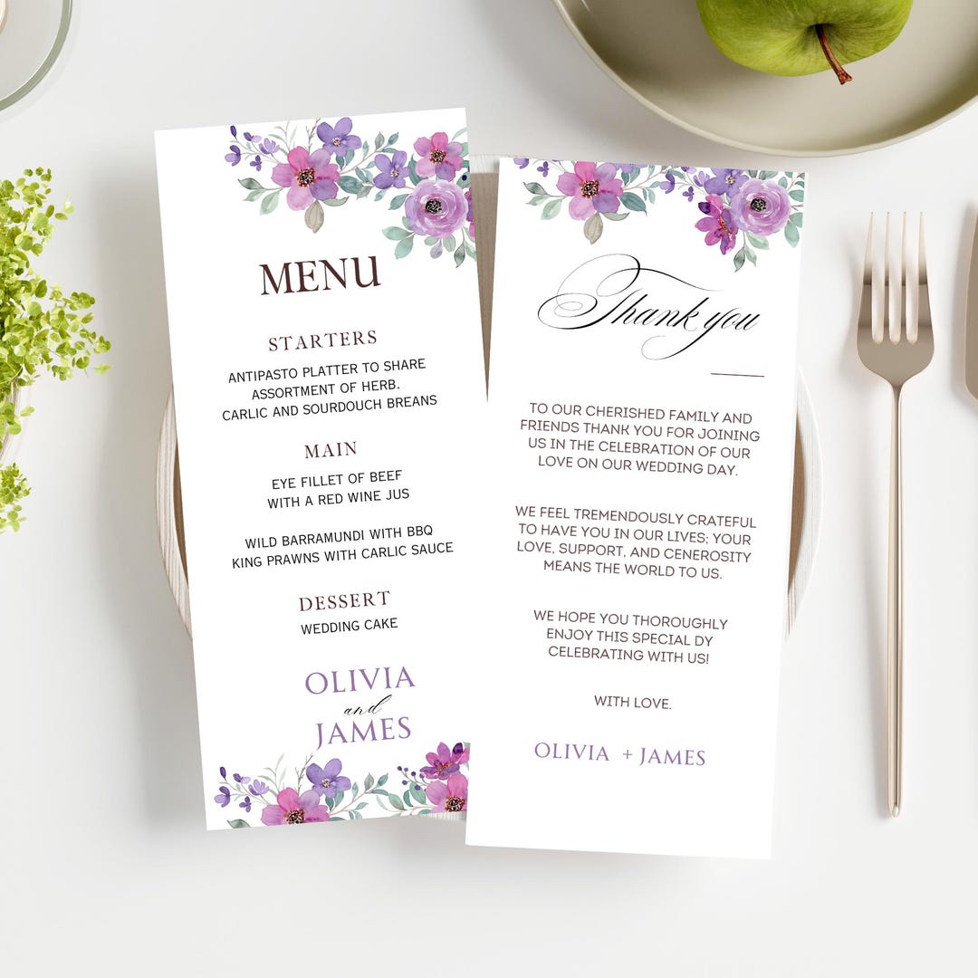 Menu and Thank You Card Set Elegant Wedding Dinner Menu Template ...