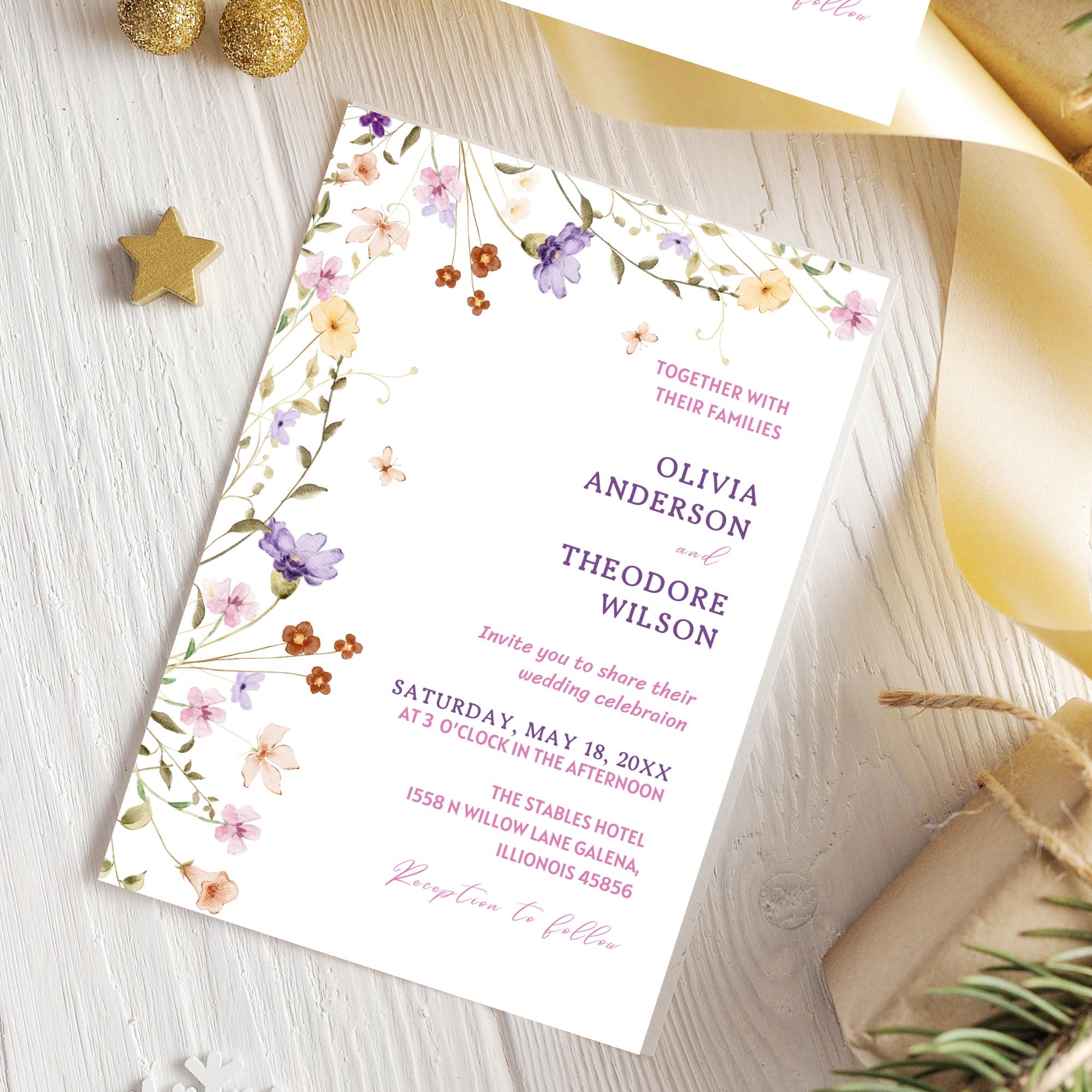 Wildflower Wedding Invitation Template, Boho Rustic Garden, Editable ...