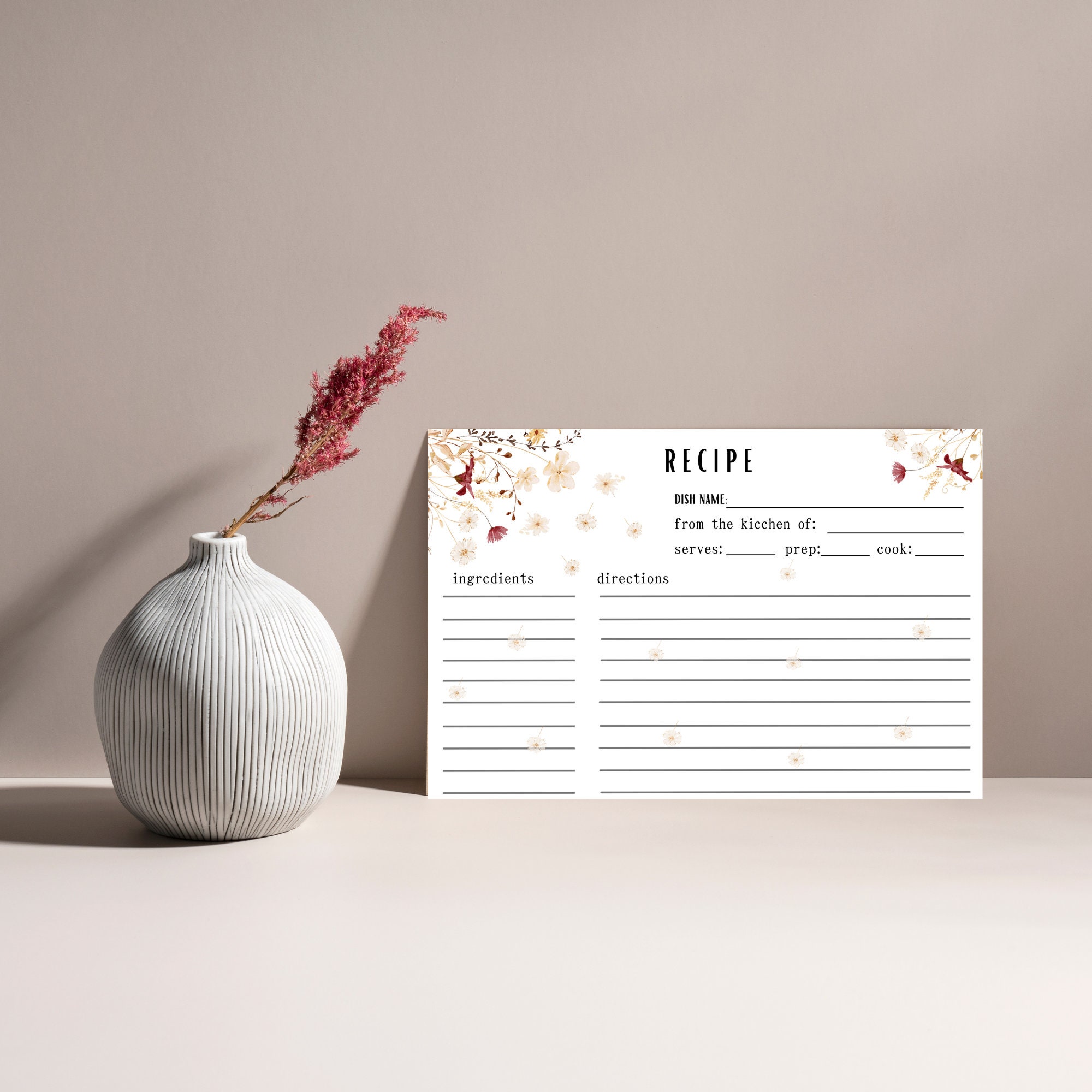 Dainty Delicate Floral Recipe Card Template Wildflower Bridal Shower ...