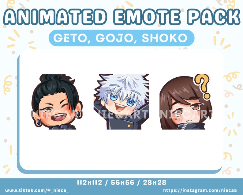 3 Kawaii Animated JJK Geto, Gojo, Shoko Emote Pack for Twitch, Discord ...