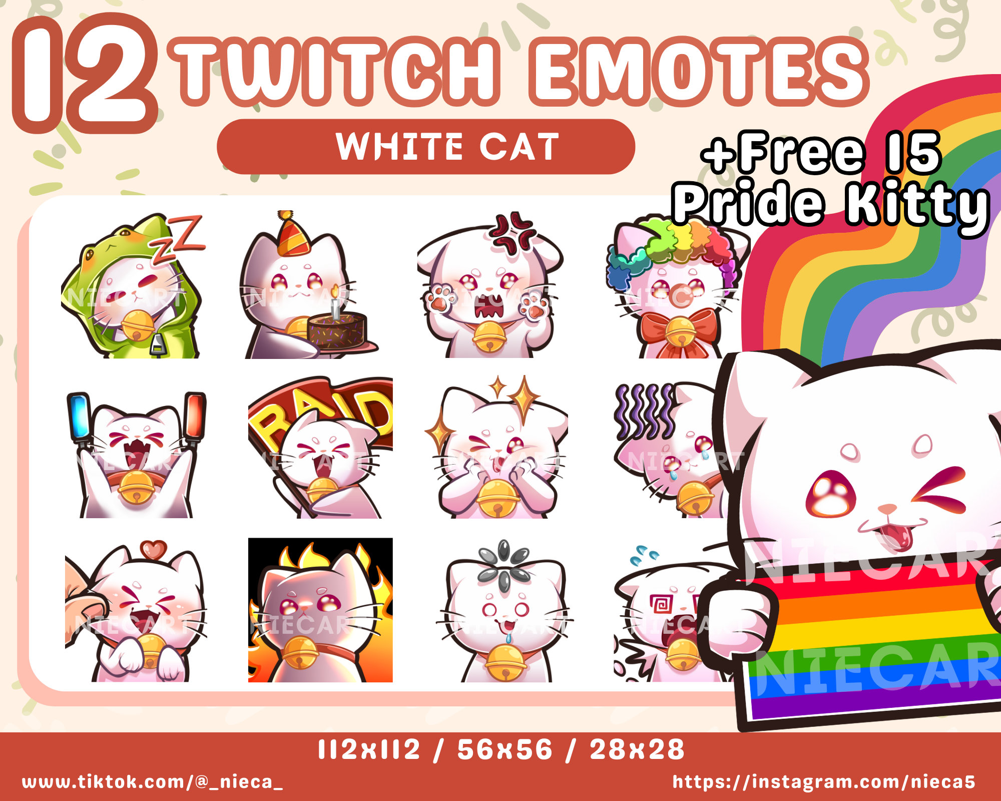 12 White Kitty Cat Emote Pack + 15 PRIDE Emotes for Twitch, Discord ...