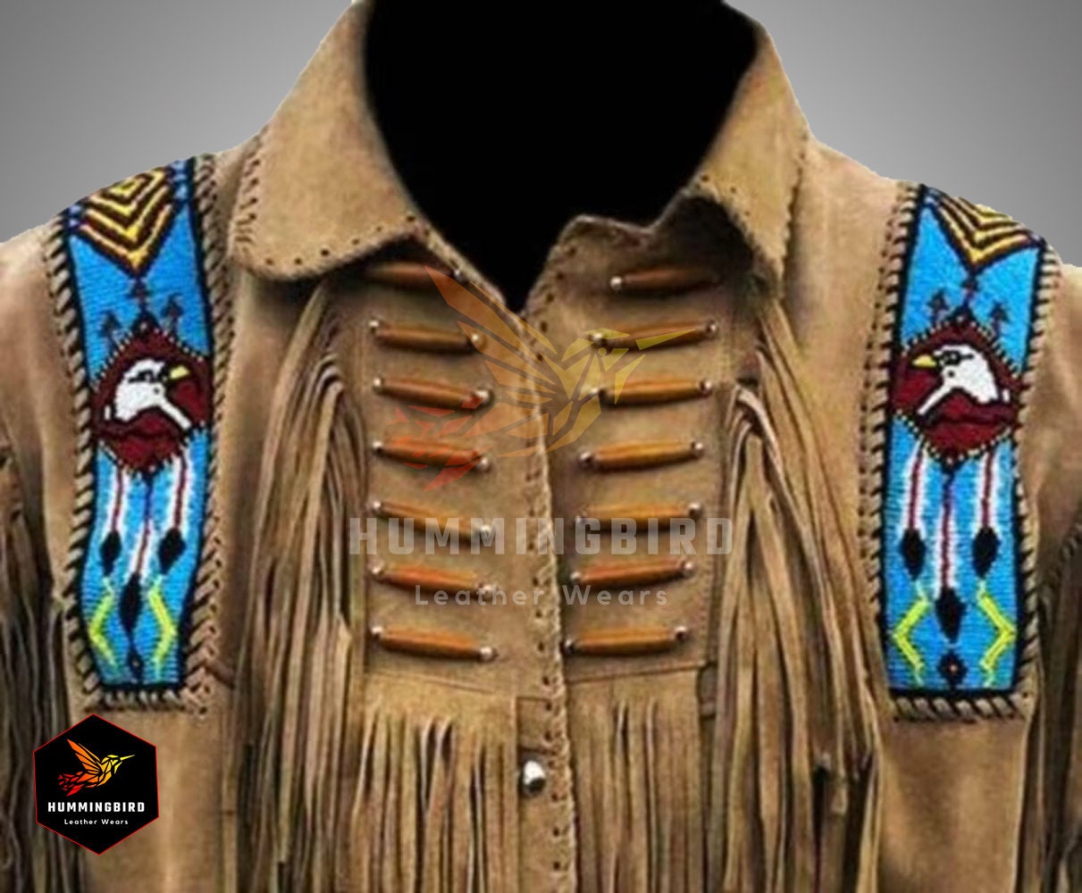 Men's Native American Handmade Suede Leather Jacket With Fringes Eagle ...