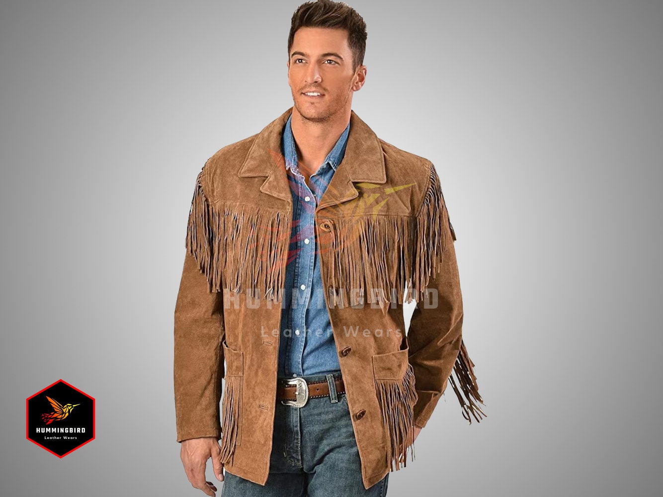 Men’s Native American Cowboy Buckskin Leather Jacket Coat With Fringe, Buckskin Leather Jacket ...