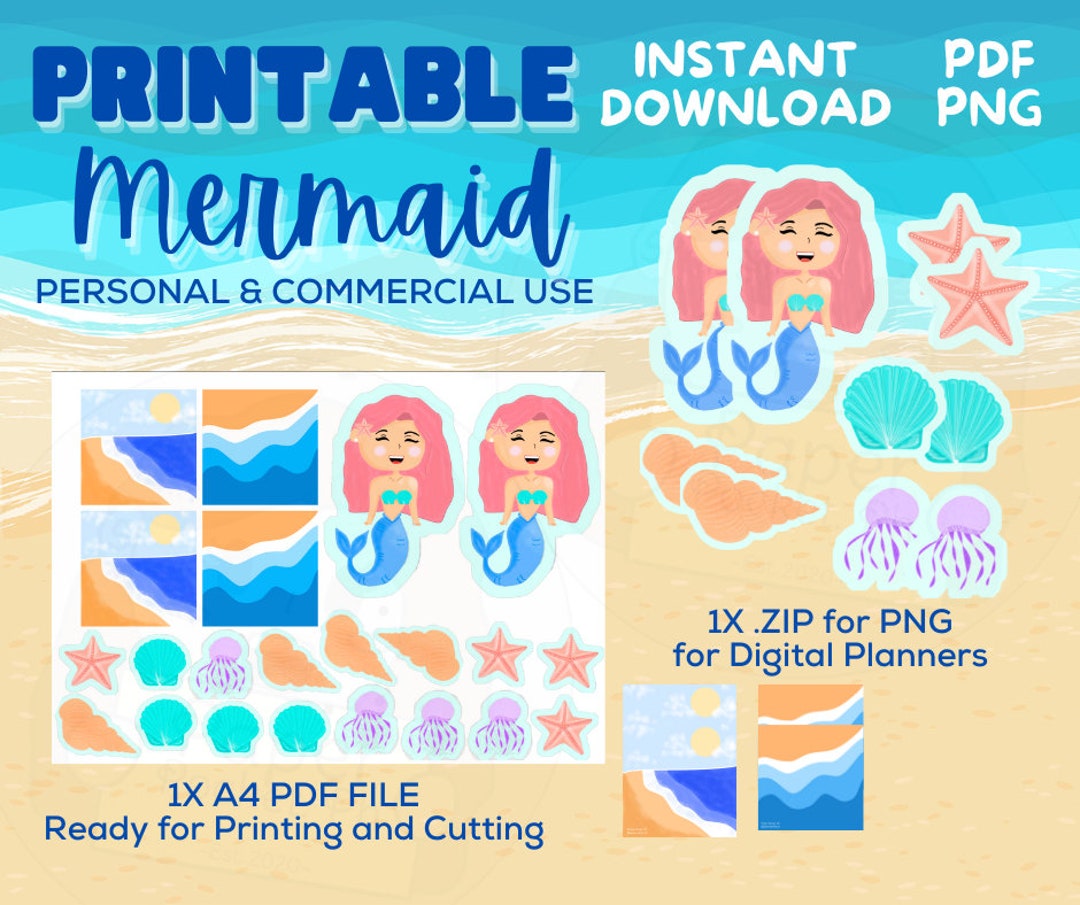 Mermaid Digital Clip Art PLR Summer Beach Sticker Pack Stationary Blue Planner Bullet Journal ...