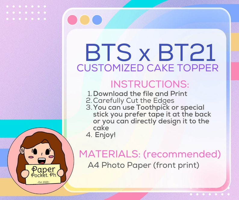 BTS X BT21 Cake Topper Custom Digital Printable Only PNG PDF Silhouette ...