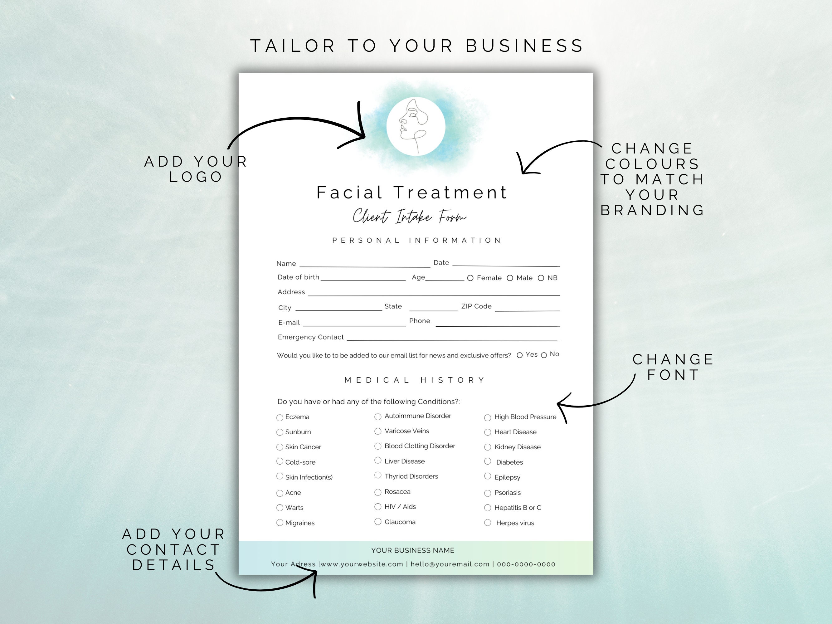 Facial Treatment Forms Facial Intake Form Editable Esthetician Template ...