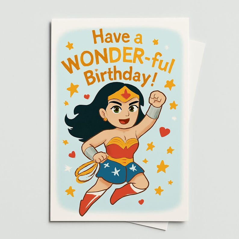 Printable Wonder Woman Birthday Card - Print , Fold and Send! Instant ...