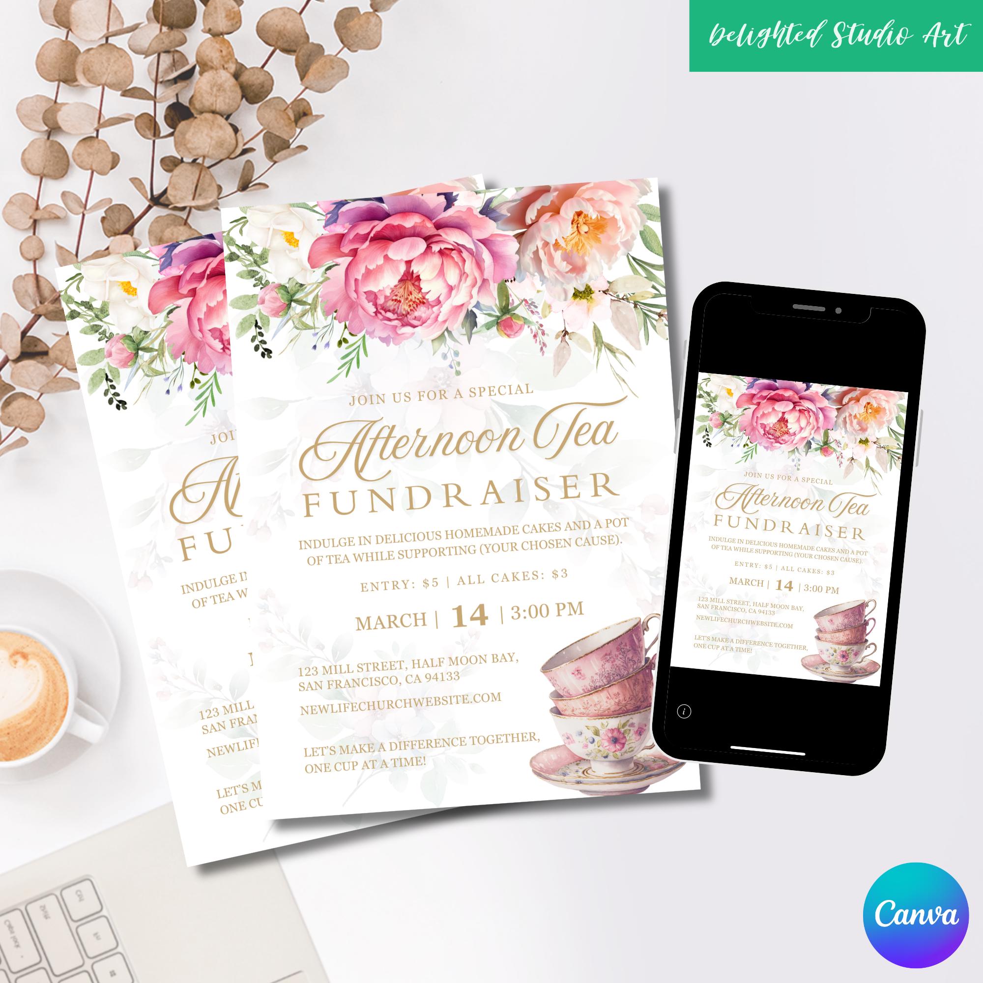 Afternoon Tea Fundraiser Invitation: Elegant Floral Design (editable ...