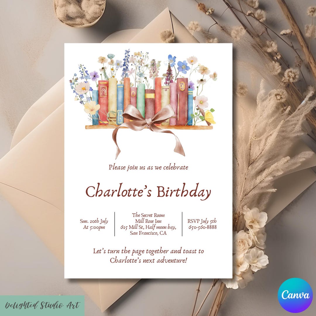 Book Club Themed Birthday Party Invitation Template, Printable ...