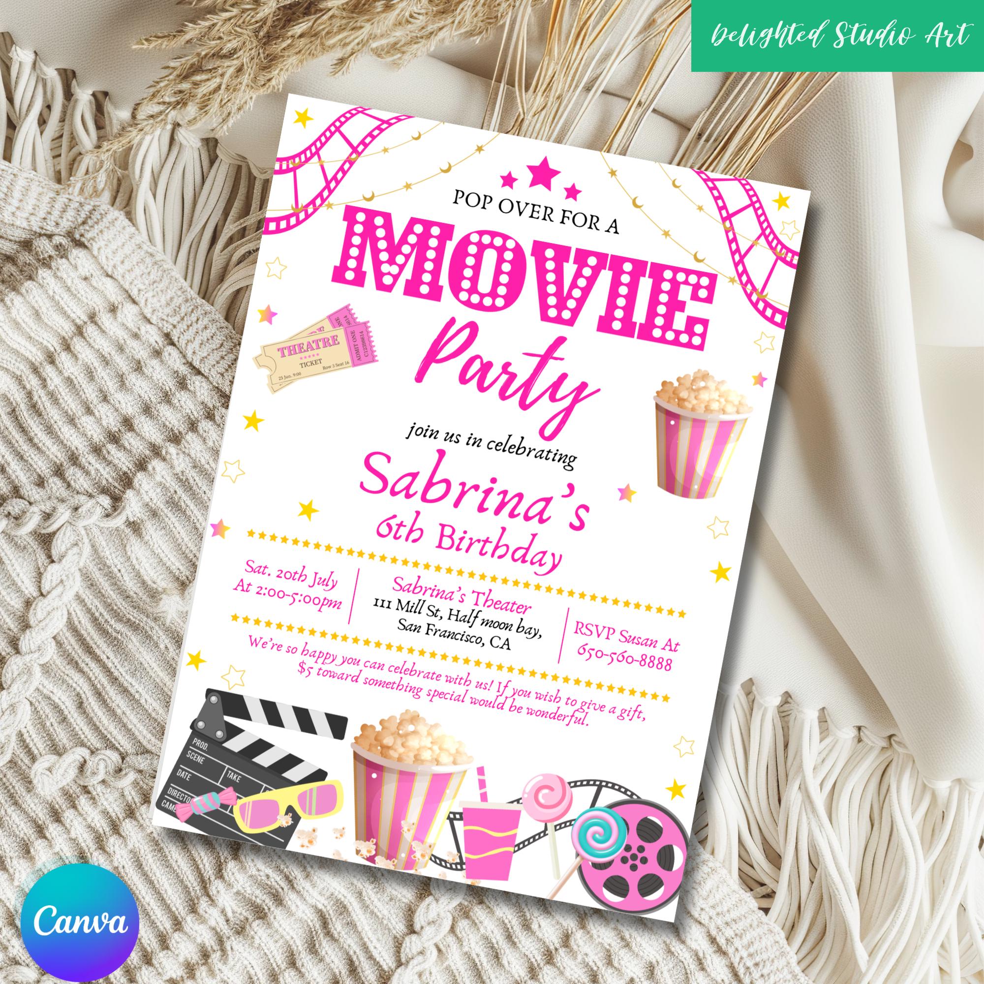 Movie Theater Birthday Invitation: Pink Cinema Party (CANVA Printable ...