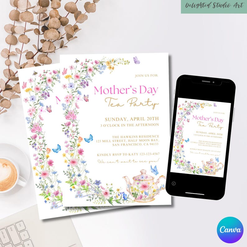 Editable Floral Mothers Day Tea Party Invite Template, Printable High ...