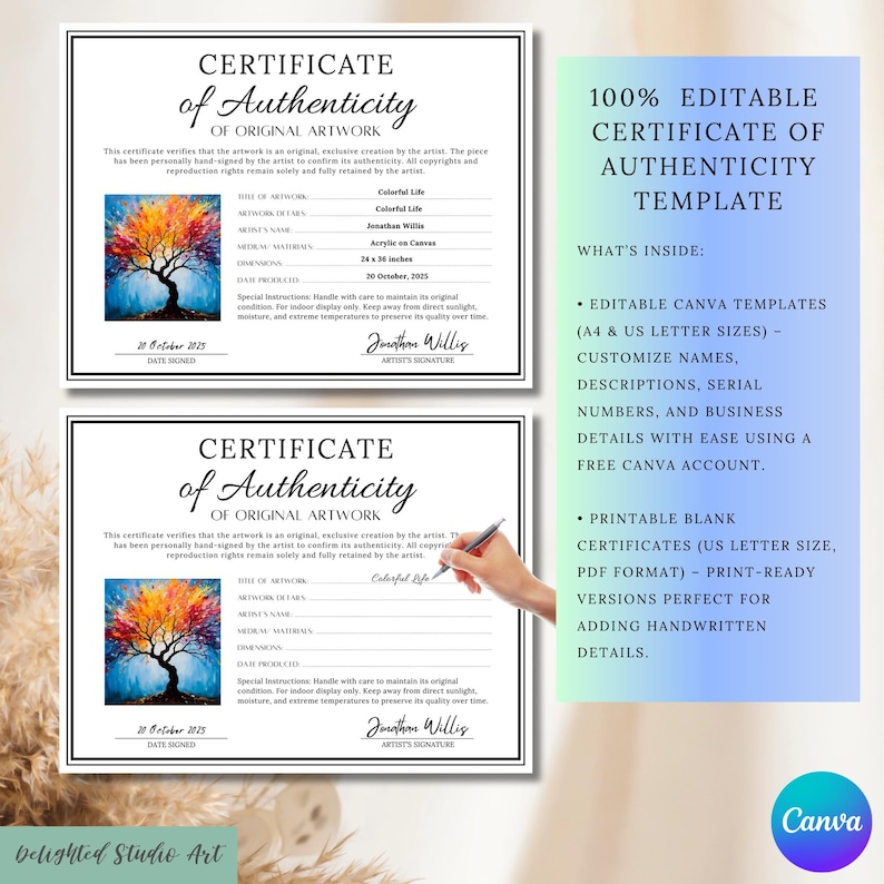 Editable Art Certificate of Authenticity Template: Artist COA (digital ...