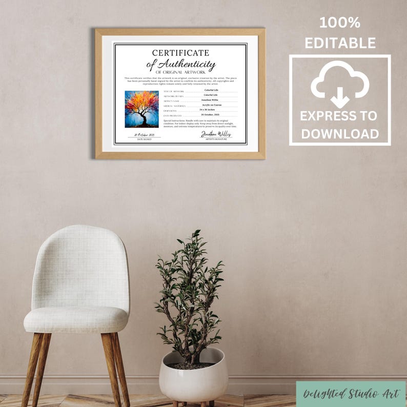 Editable Art Certificate of Authenticity Template: Artist COA (digital ...