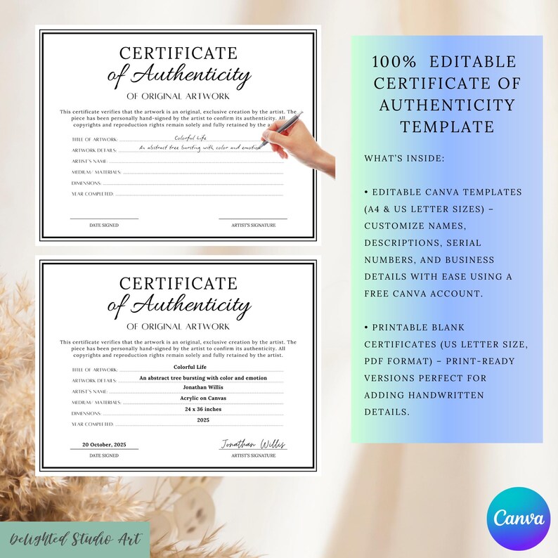 Editable Art Certificate of Authenticity Template: Artist COA (digital ...