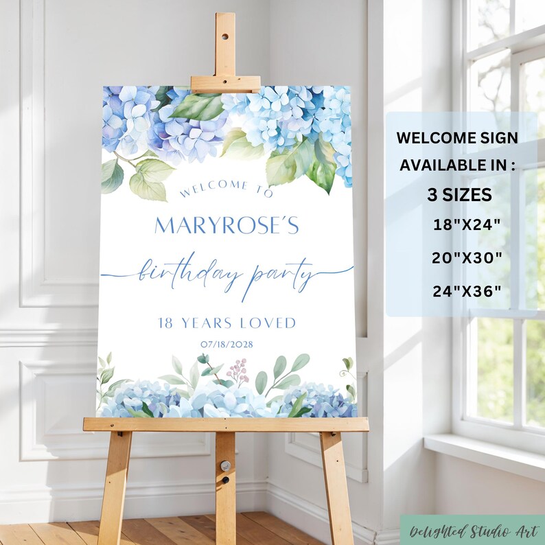Dusty Blue Hydrangea Birthday Welcome Sign: Editable Floral Template ...