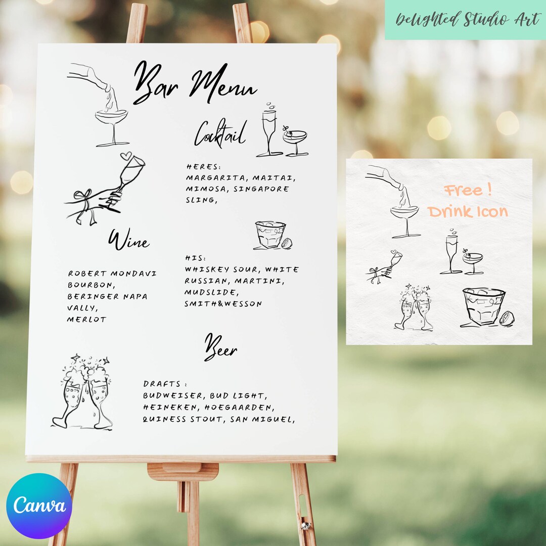 Hand Drawn Editable Wedding Bar Menu Template, Handwritten Cocktail ...
