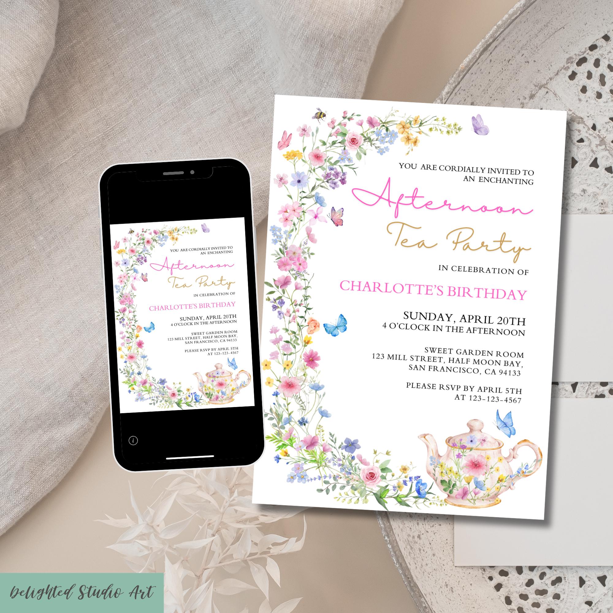 Editable Afternoon Tea Wildflower Birthday Party Digital Invitation ...
