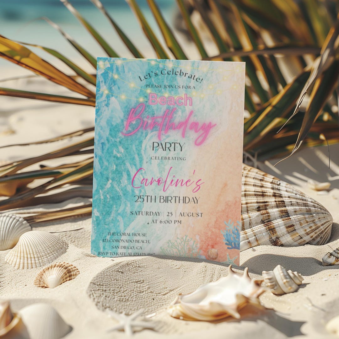 Beach Birthday Invitation: Editable Canva Template (digital Download ...