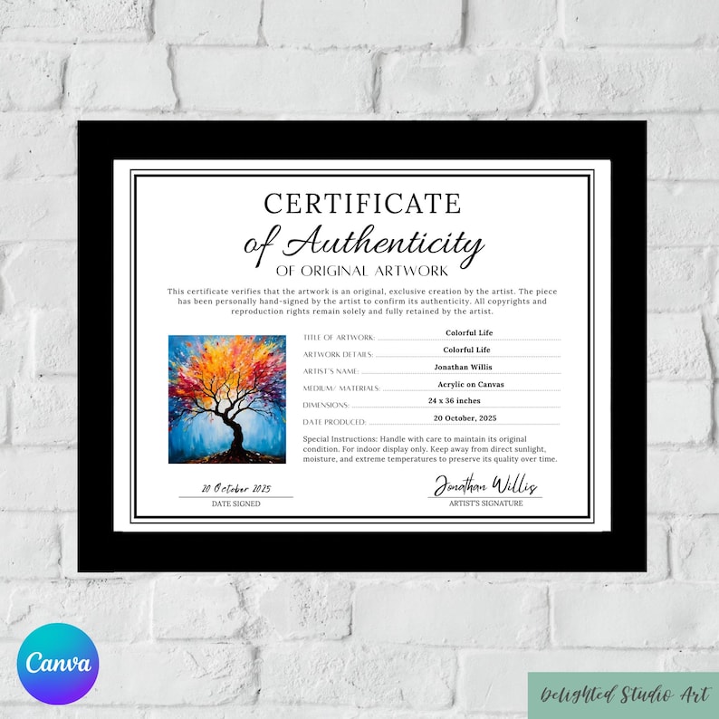 Editable Art Certificate of Authenticity Template: Artist COA (digital ...