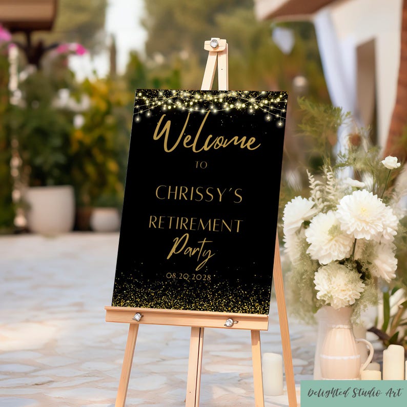 Black & Gold Retirement Party Welcome Sign: Editable Template (PDF ...