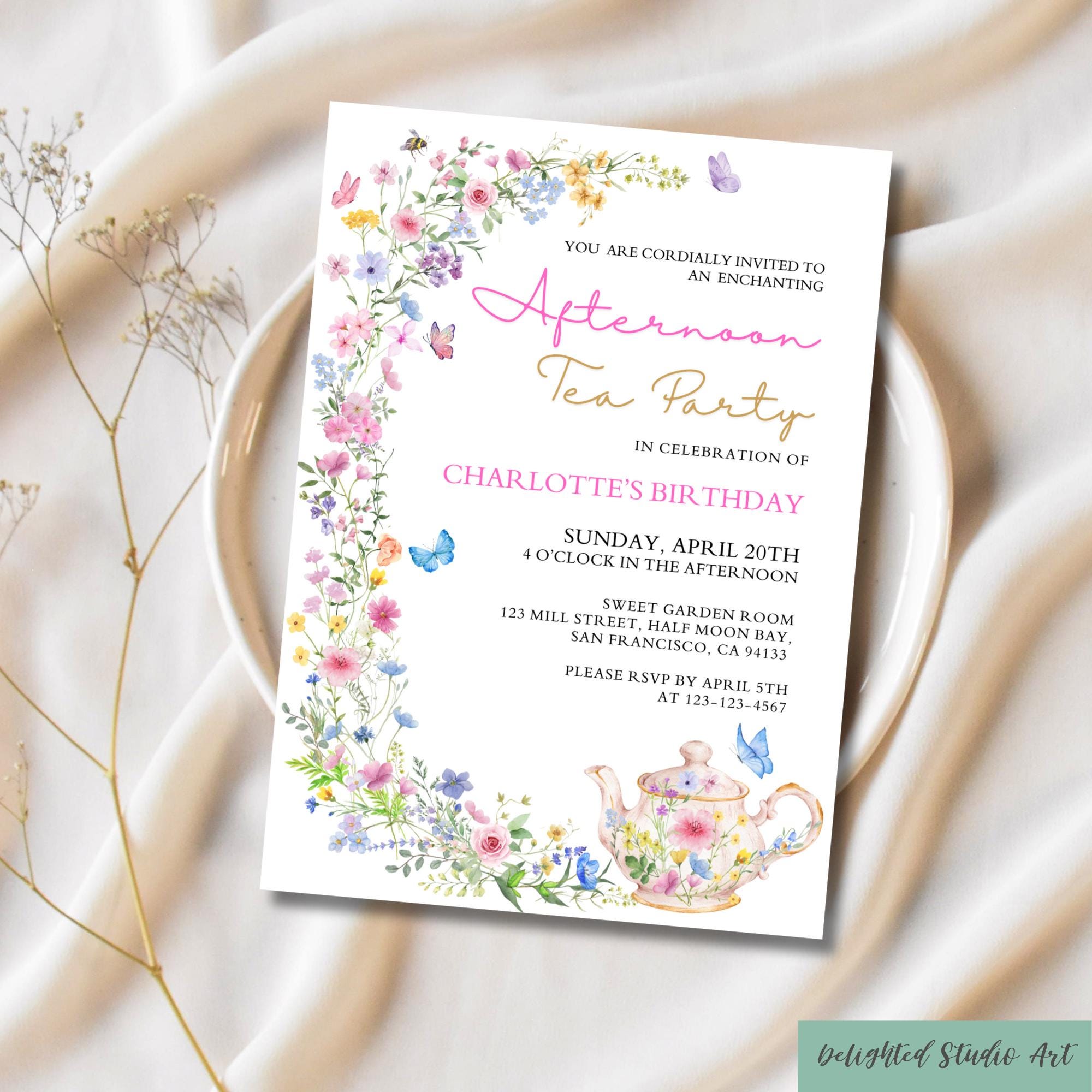 Editable Afternoon Tea Wildflower Birthday Party Digital Invitation ...