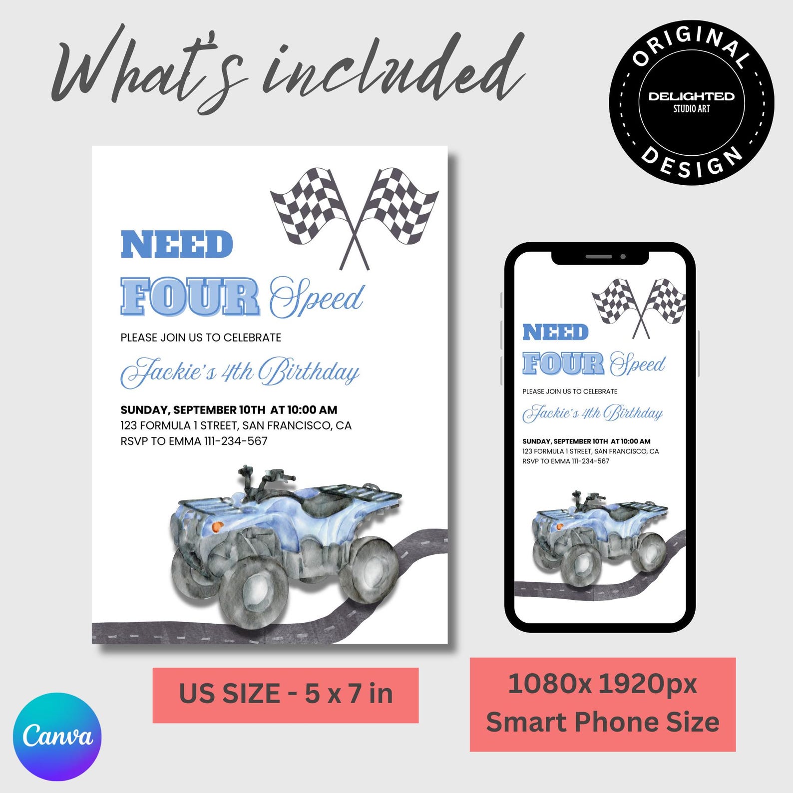 ATV Birthday Invitation: 4th Birthday Race Car Theme (digital Download ...