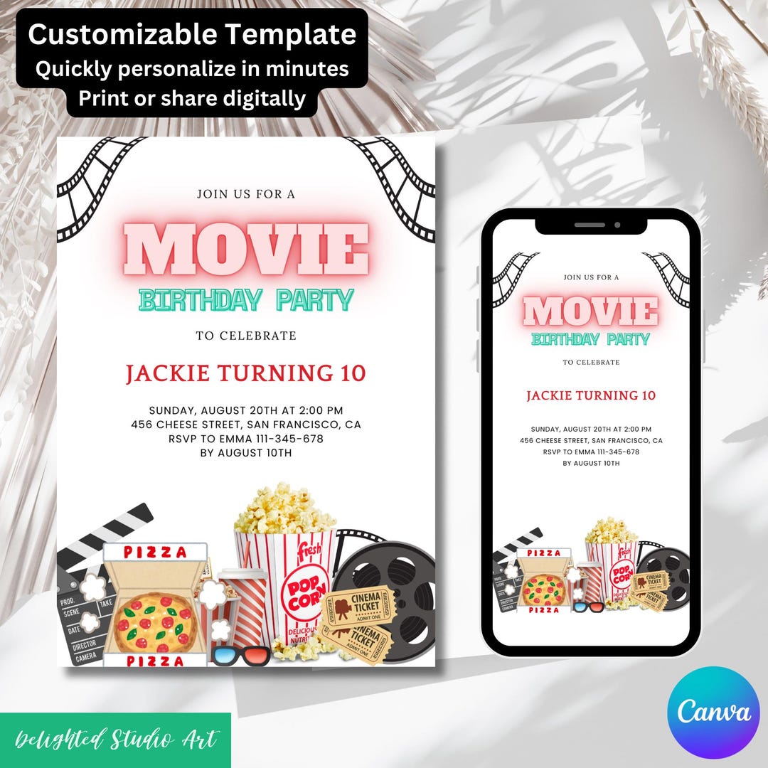 Movie Theater Birthday Party Invitation Template, CANVA Printable ...