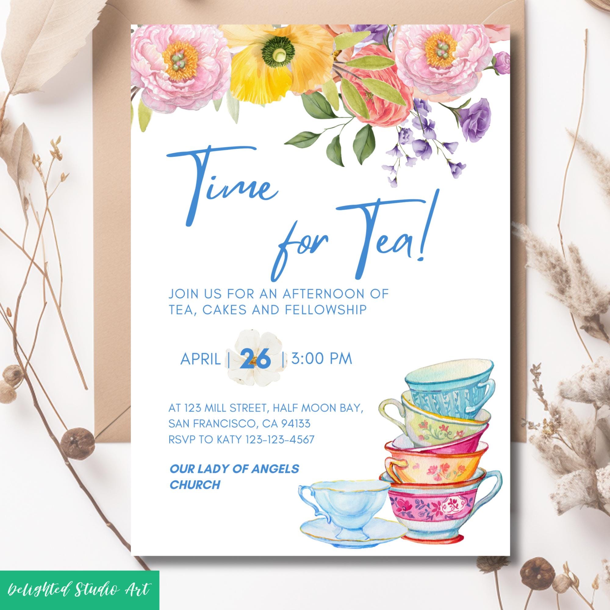 Watercolor Tea Party Invitation: Editable Church Event Flyer (canva) - Etsy