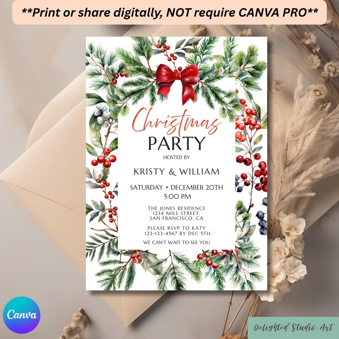 Red Bow Christmas Party Invitation Template: Editable Holiday Canva ...
