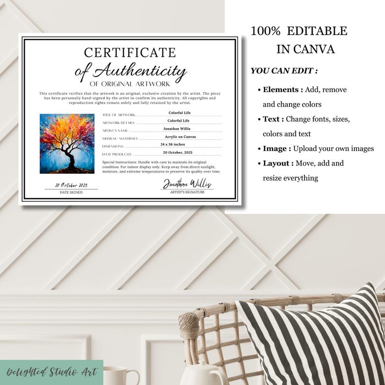 Editable Art Certificate of Authenticity Template: Artist COA (digital ...