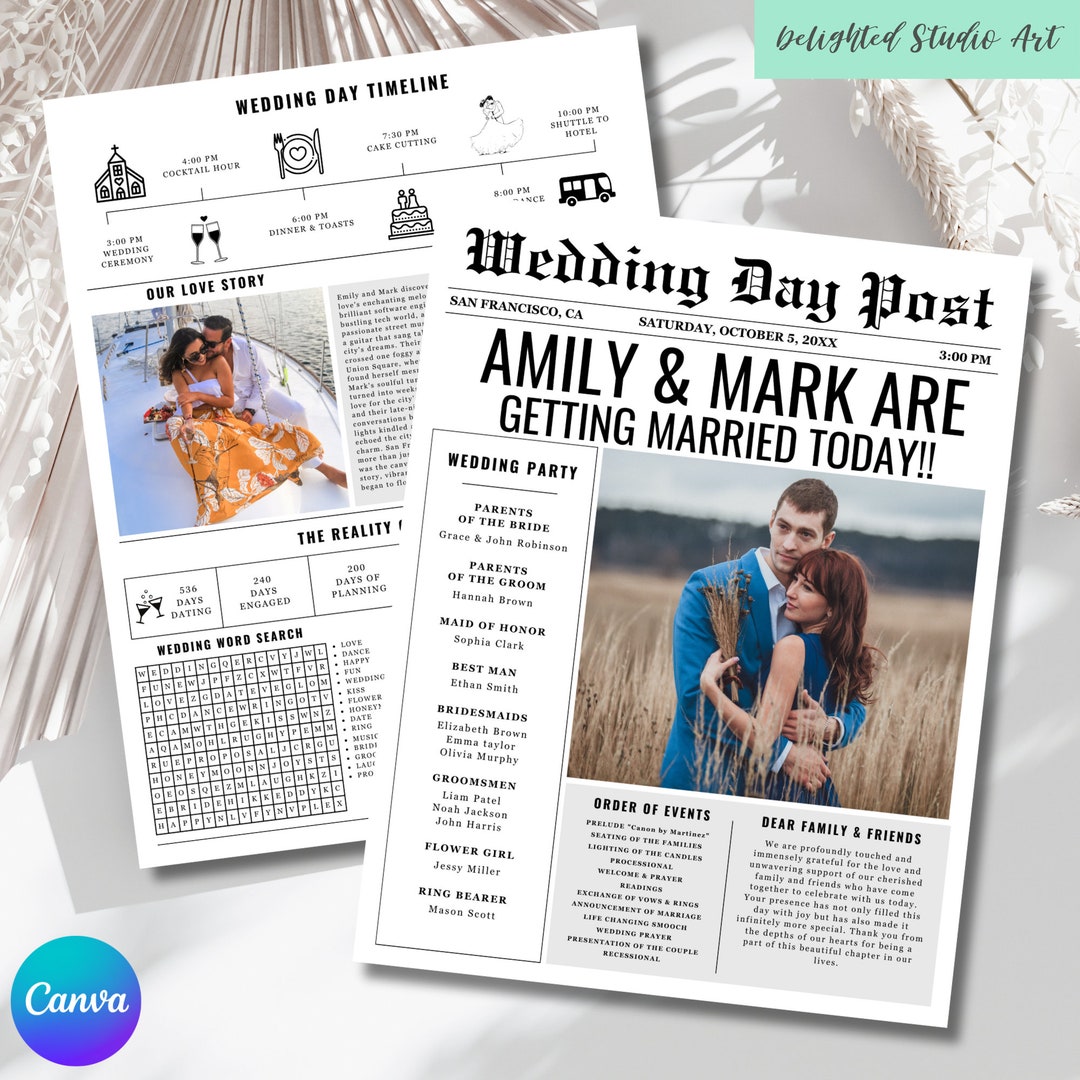 Editable Wedding Itinerary, Wedding Newspaper, Folded Newspaper ...